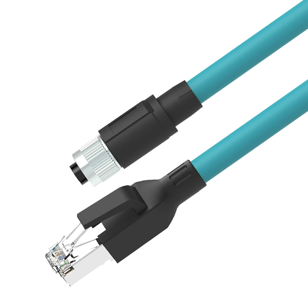 M12 8-pin X-Code Female to RJ45 Male CAT6A SF/UTP PUR Jacket Drag Chai