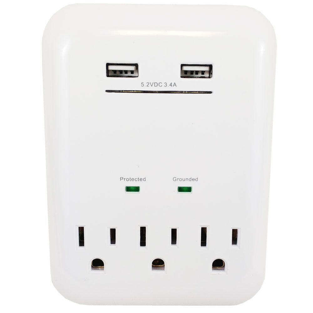 3 Outlet Power Tap - 950J Surge protection, 2 Fast Charge USB Port - W